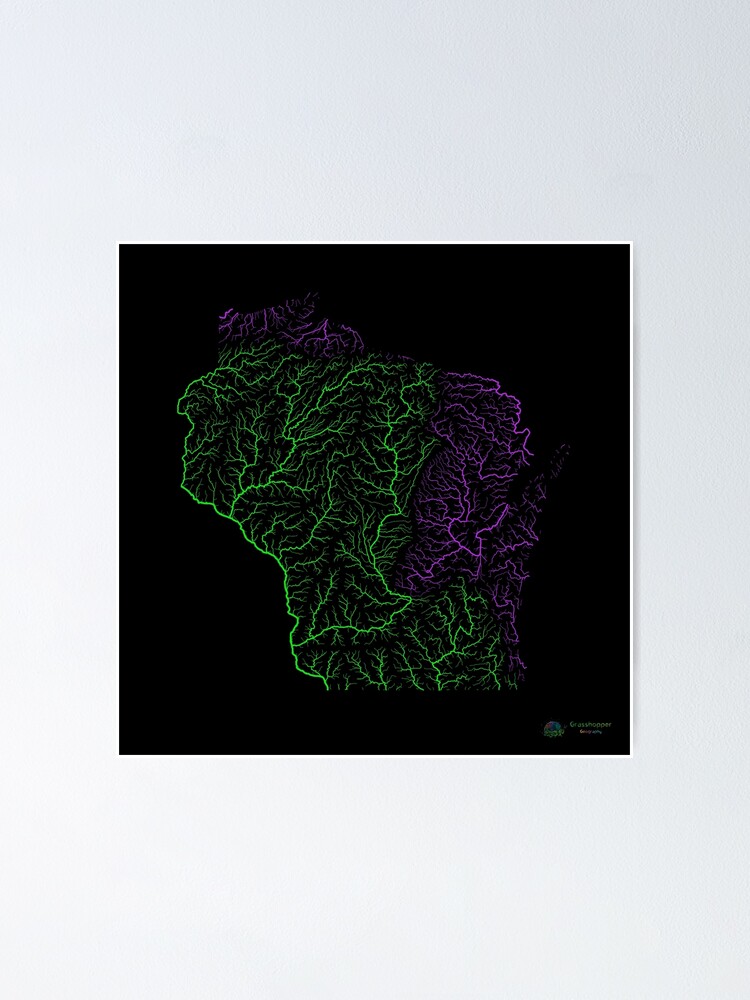 "Wisconsin River Basin Map in Rainbow Colours with Black Background ...