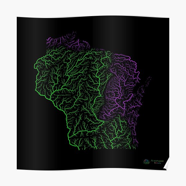 "Wisconsin River Basin Map in Rainbow Colours with Black Background ...