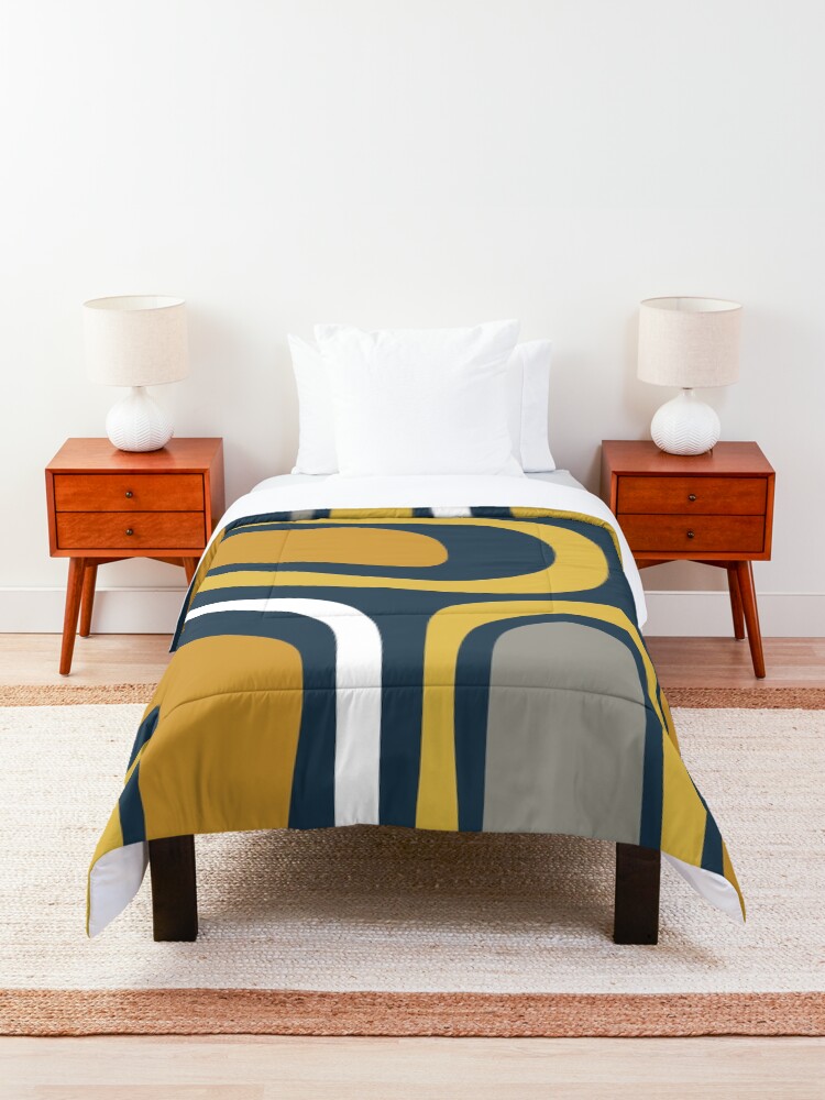 Palm Springs Mid Century Modern Abstract Pattern in Light and Dark Mustard Gray and White on Navy Blue Comforter for Sale by kierkegaard Redbubble