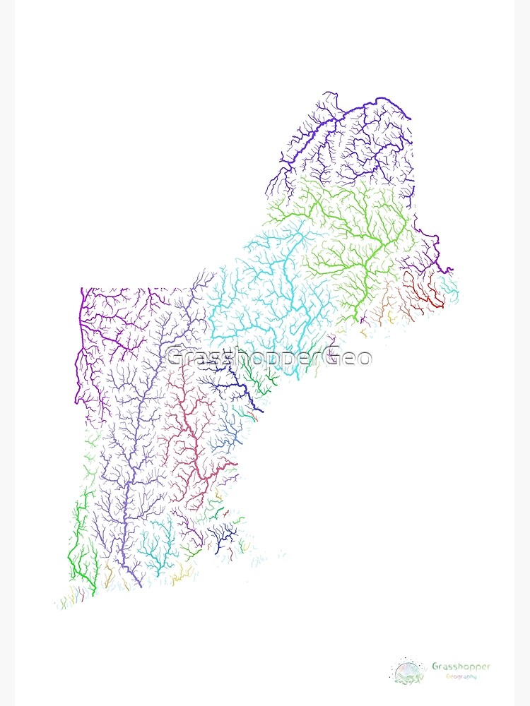 "New England River Basin Map in Rainbow Colours with White Background ...