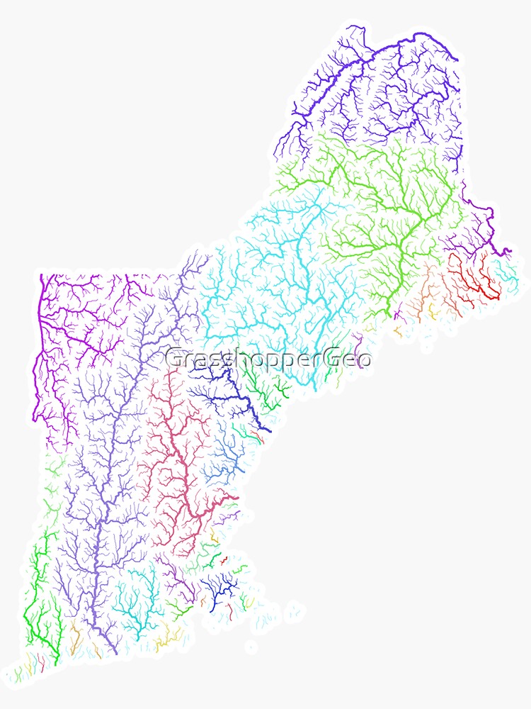 "New England River Basin Map in Rainbow Colours with White Background ...