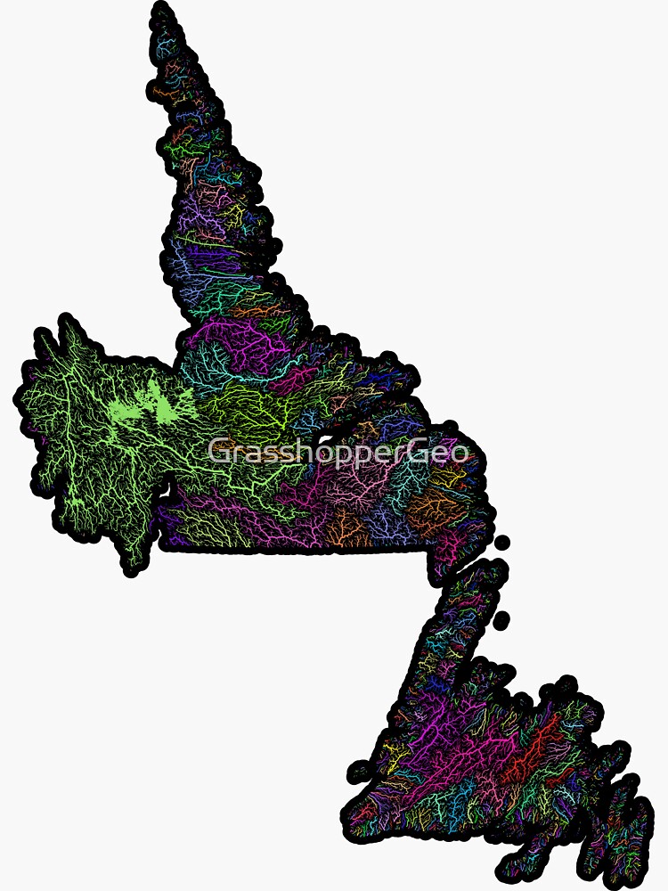 "Newfoundland and Labrador River Basin Map in Rainbow Colours with ...