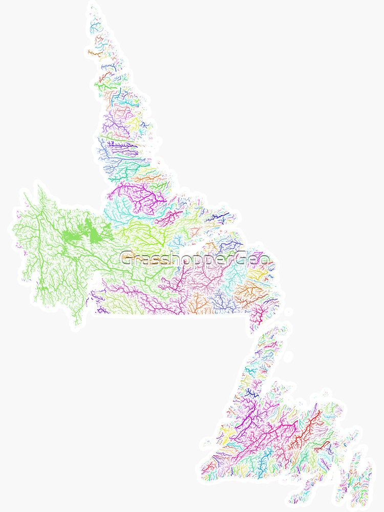 "Newfoundland and Labrador River Basin Map in Rainbow Colours with ...