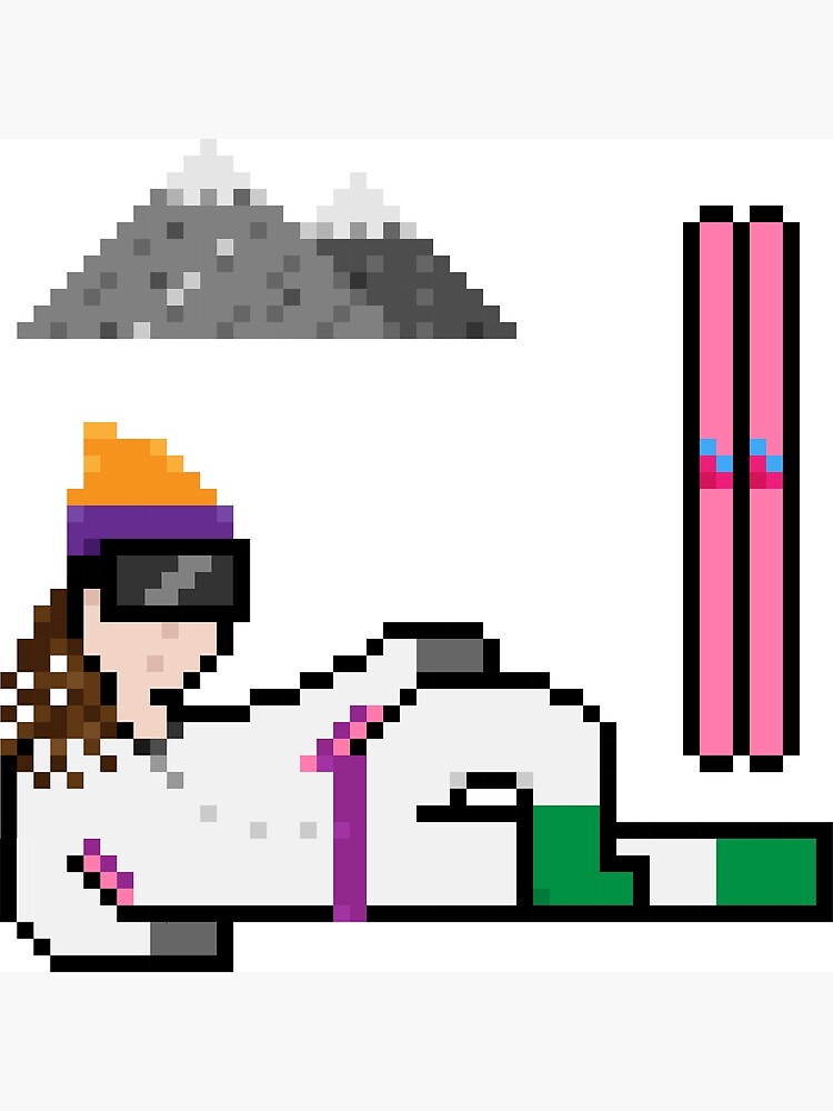 "Skier with Pink Skis Chillin On Snow - NFT Style Pixel Art" Poster for ...