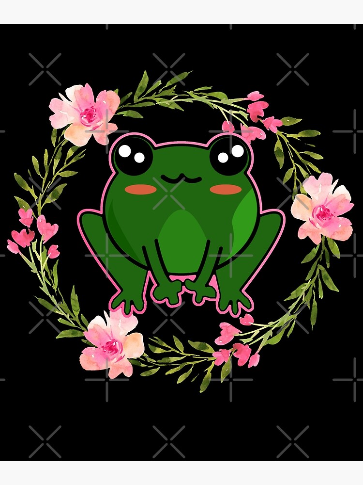 "Kawaii Cottagecore Frog Cute Cartoon with Pink Flower Wreath" Poster ...