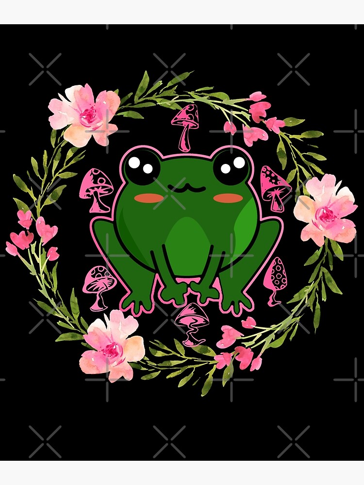 "Kawaii Cottagecore Frog Cute Cartoon with Pink Flower Mushroom Wreath ...