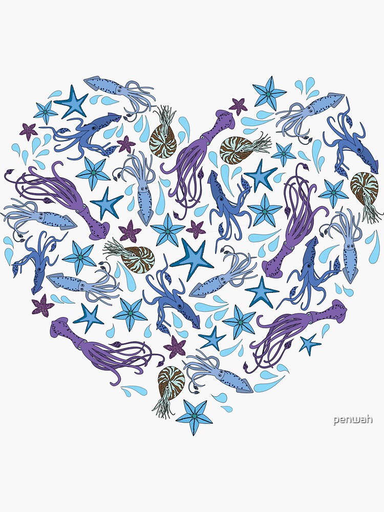 "Heart Shaped Ocean Pattern of Squid in Blue" Sticker for Sale by ...