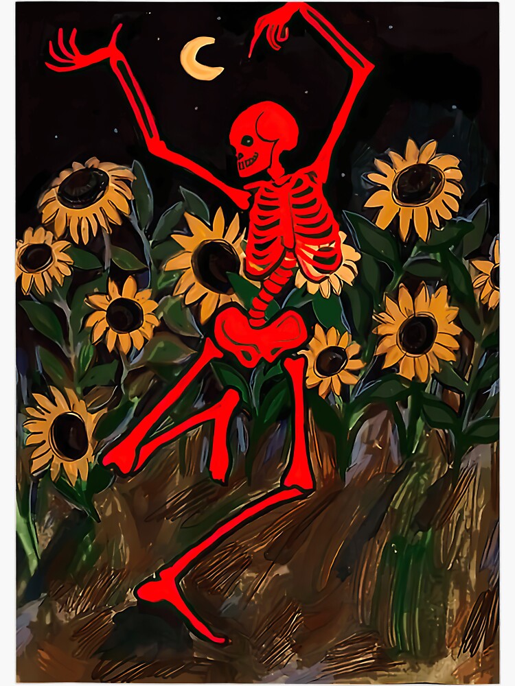 "Dancing Skeleton In Sunflowers" Sticker for Sale by pollardyork | Redbubble
