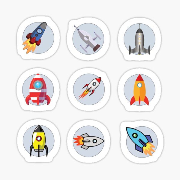 "A Pack of Nine Separate Colorful Spaceship Stickers on one sheet ...