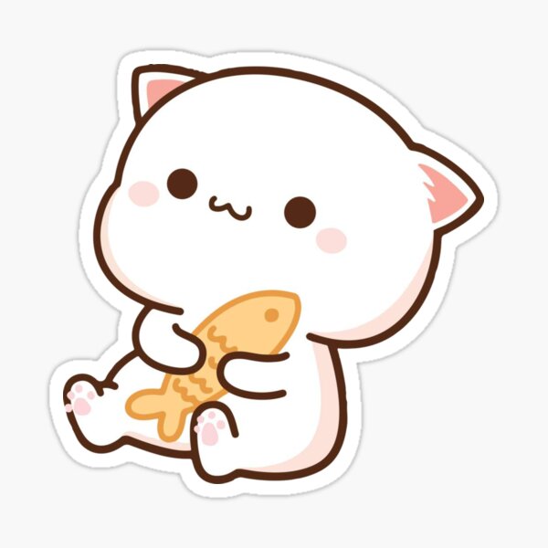 "Peach and Goma Mochi Cat Holding Fish, Cute Gifts for Couple" Sticker ...