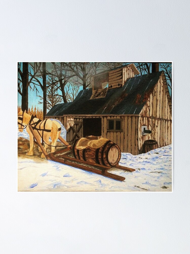 "Sugar Shack, Cabane à Sucre, Horse, barrel, maple syrup, oil painting ...