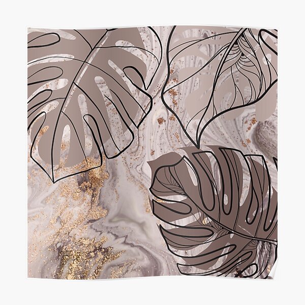 "Monstera Leaves On A Brown And Gold Marble Background " Poster by X-on ...