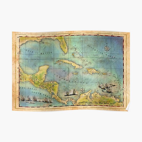 "Caribbean Pirate + Treasure Map 1660" Poster for Sale by forge22 ...