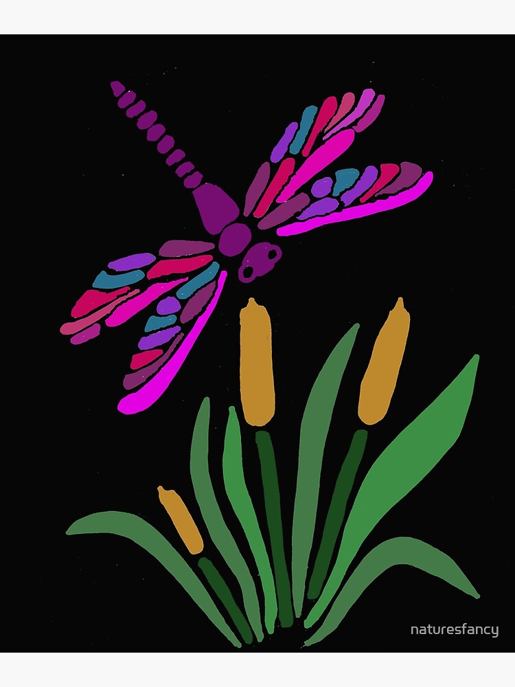 "Cool Colorful Dragonfly and Cattails Abstract Art" Poster by ...