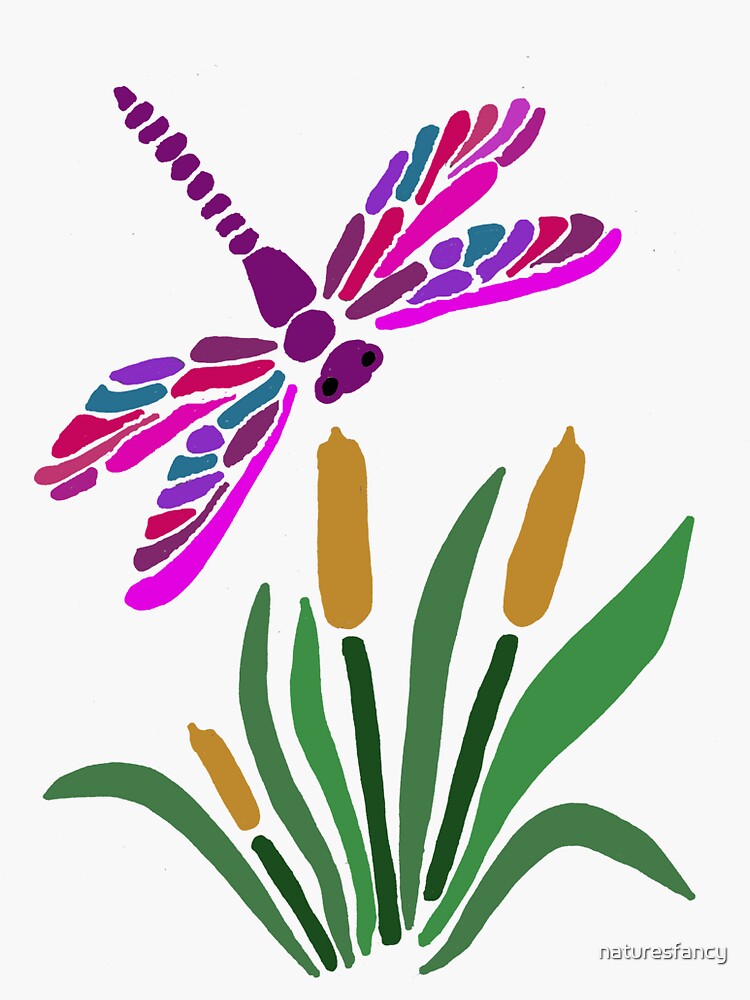 "Cool Colorful Dragonfly and Cattails Abstract Art" Sticker by ...