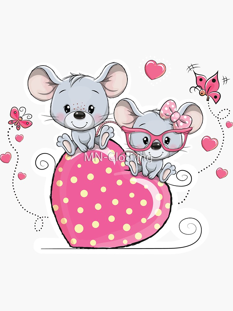 "Cute Mouse Couple Cartoon Sitting On Pink Heart" Sticker for Sale by ...