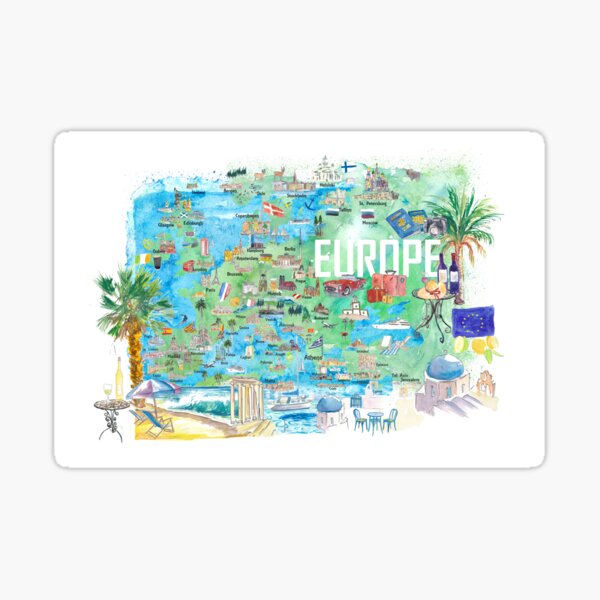"Europe Illustrated Travel Map with Tourist Highlights and Attractions ...