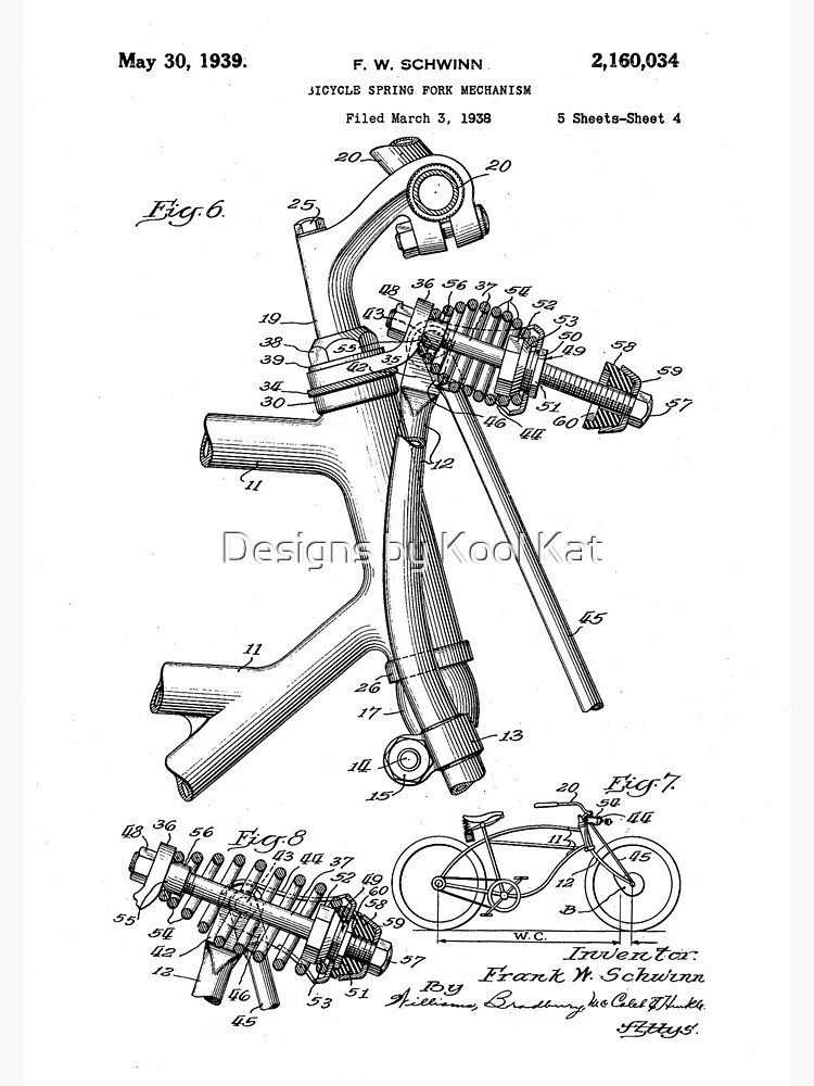 "F.W. Schwinn Bicycle Spring Fork Mechanism Patent Drawing Circa 1938 ...