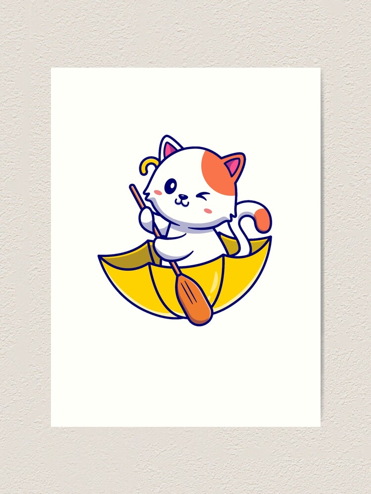 "Cute cat rowing with umbrella boat cartoon" Art Print for Sale by ...