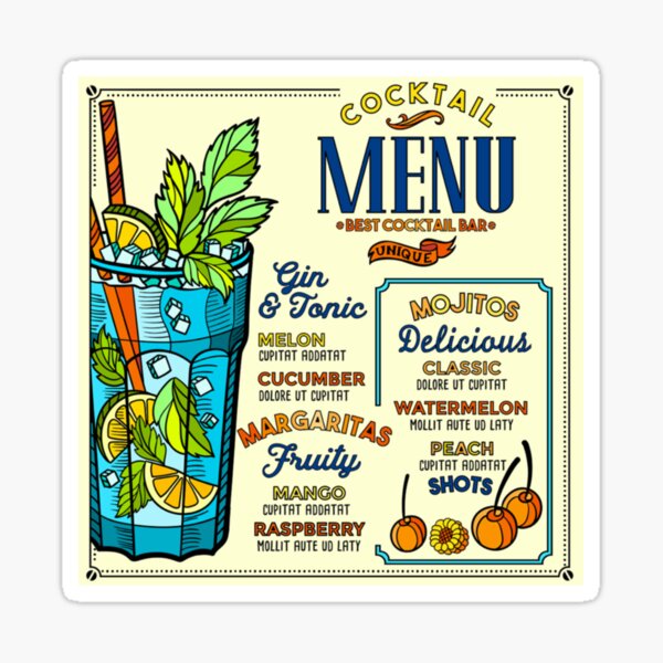 "Restaurant Cocktail Drinks Menu" Sticker for Sale by chris-gicky ...