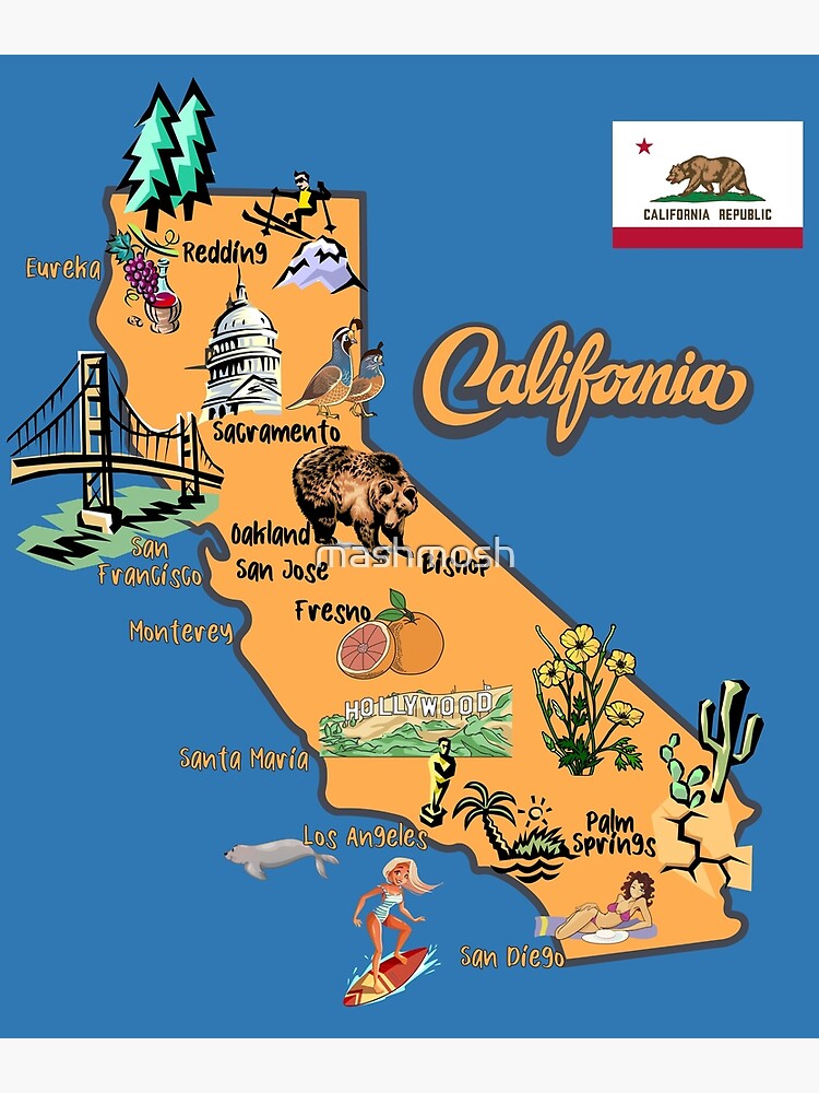 "Hand Drawn Illustration of California Map with Tourist Destinations ...
