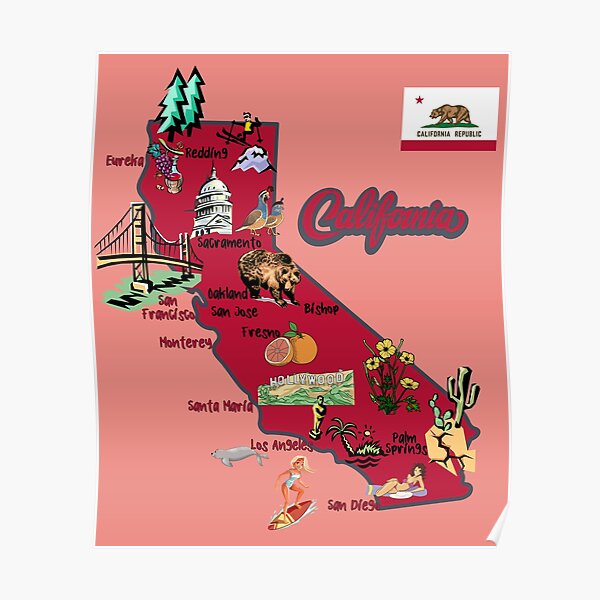 "California tourist map with landmarks and famous symbols" Poster for ...