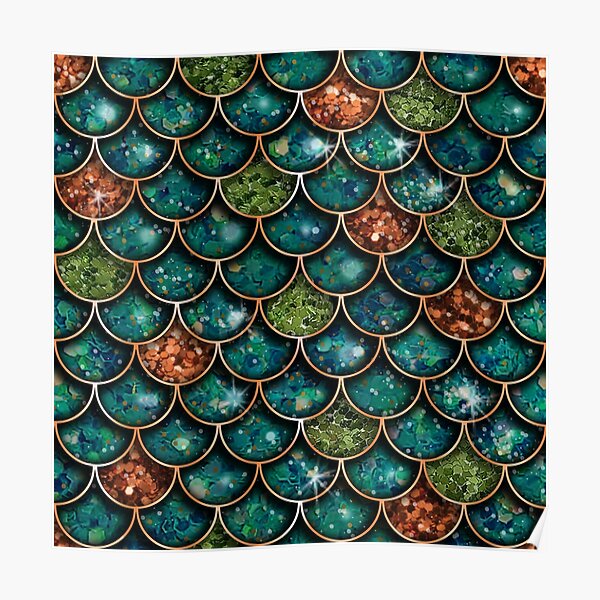 "Glittering Fish Scales Peacock Colors Teal Copper Olive Green " Poster ...