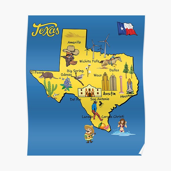 "Hand Drawn Illustration of Texas Map with Tourist Destinations and ...
