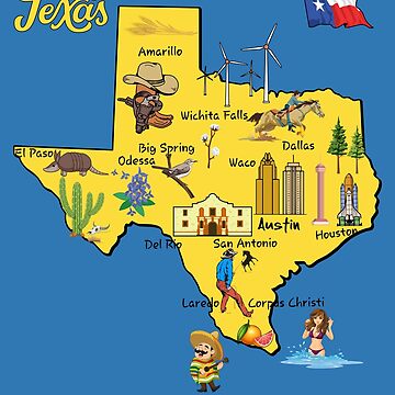 "Hand Drawn Illustration of Texas Map with Tourist Destinations and ...
