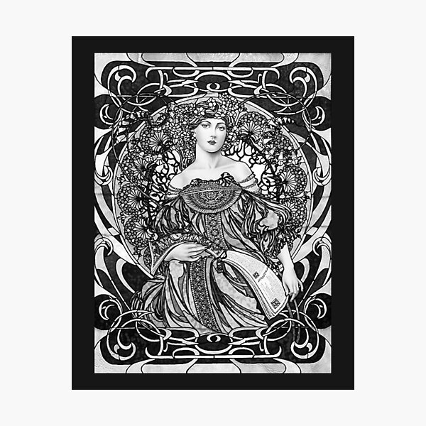Lámina fotográfica «Alphonse Mucha Chica en blanco y negro Art Nouveau ...