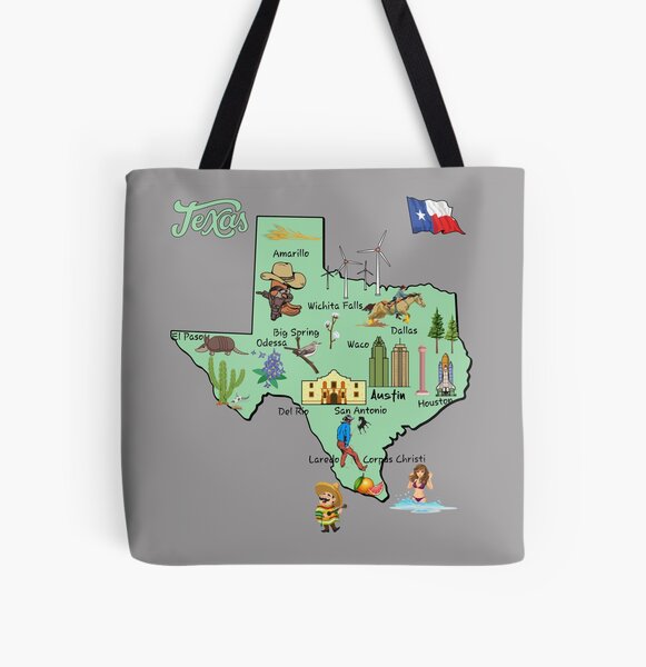 "Texas tourist map with landmarks and famous symbols and major cities ...