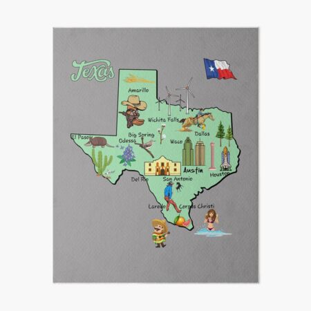 "Texas tourist map with landmarks and famous symbols and major cities ...