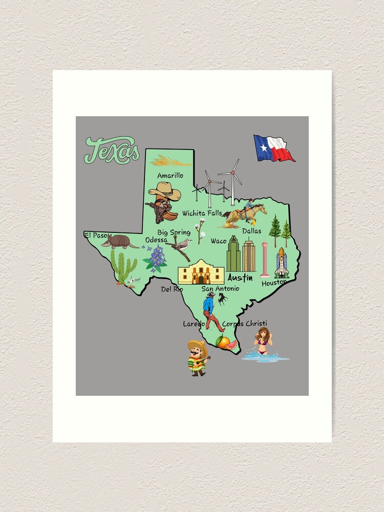 "Texas tourist map with landmarks and famous symbols and major cities ...