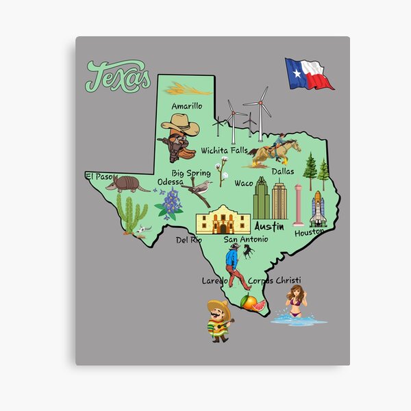 "Texas tourist map with landmarks and famous symbols and major cities ...
