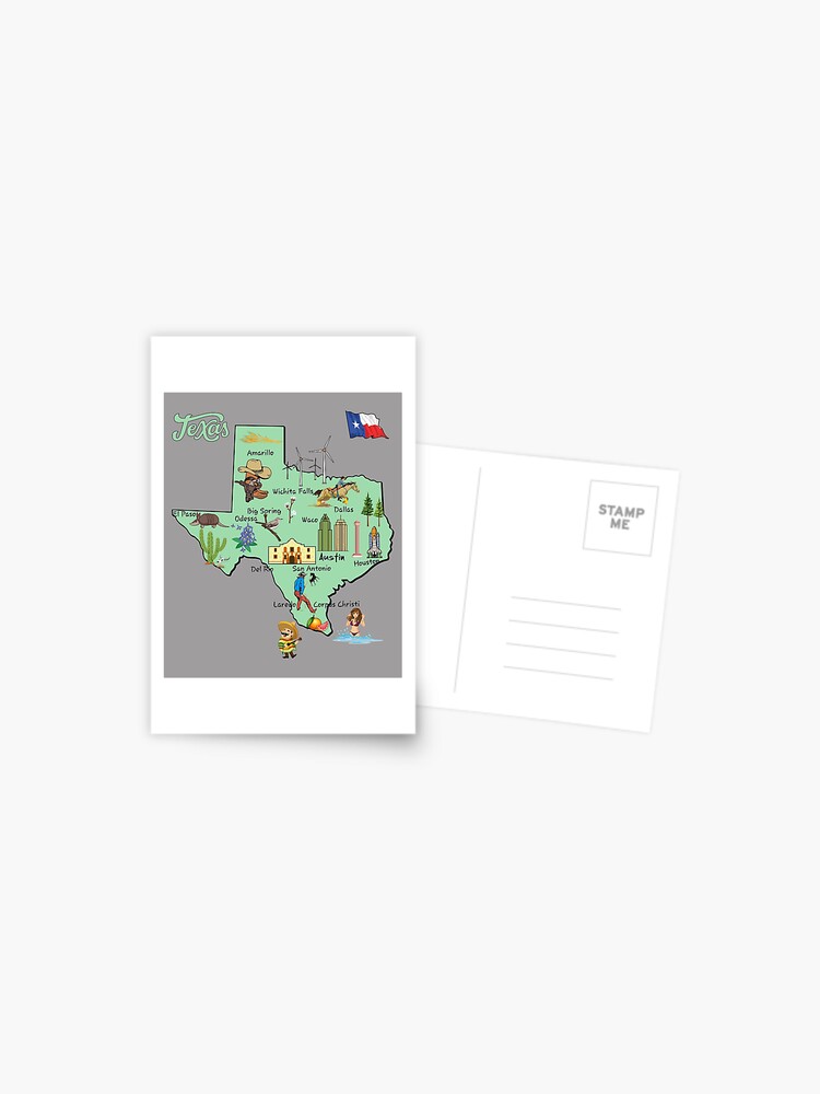 "Texas tourist map with landmarks and famous symbols and major cities ...