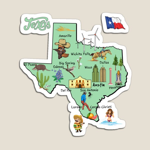 "Texas tourist map with landmarks and famous symbols and major cities ...