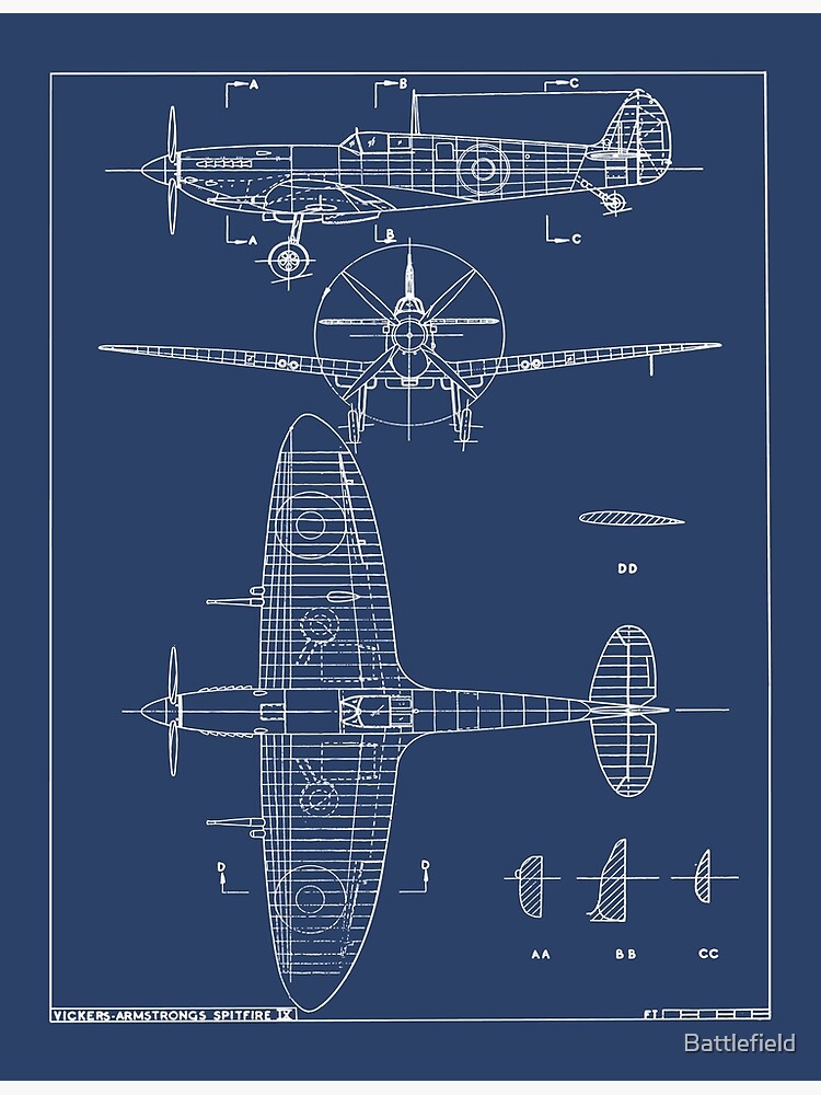 "Spitfire MK IX Mark 9 British WW2 Fighter Plane Blueprint Gifts" Art ...