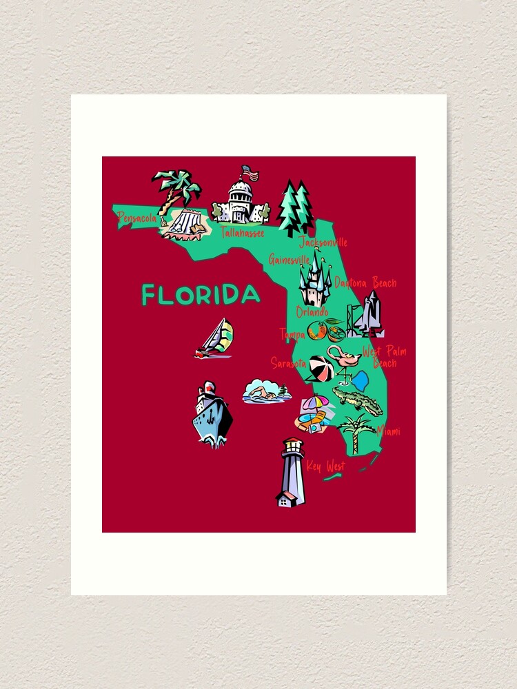 "Hand Drawn Illustration of Florida Map with Tourist Destinations, USA ...
