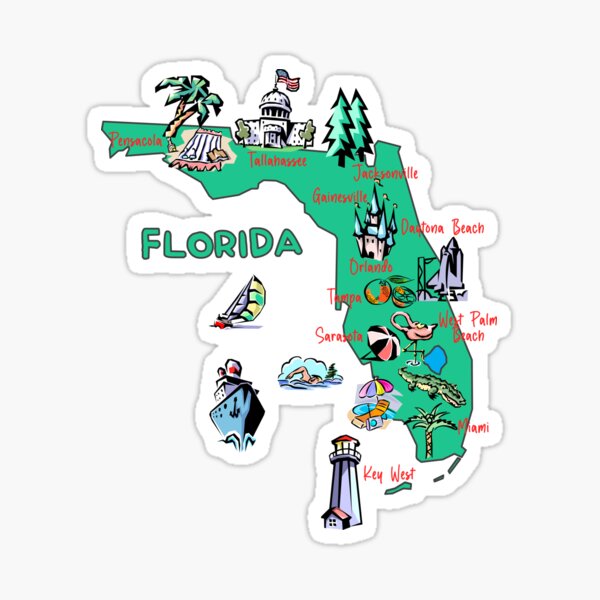 "Hand Drawn Illustration of Florida Map with Tourist Destinations, USA ...