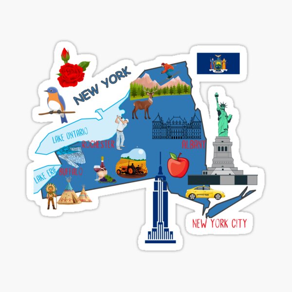 "New York tourist map with landmarks and famous symbols, USA" Sticker ...