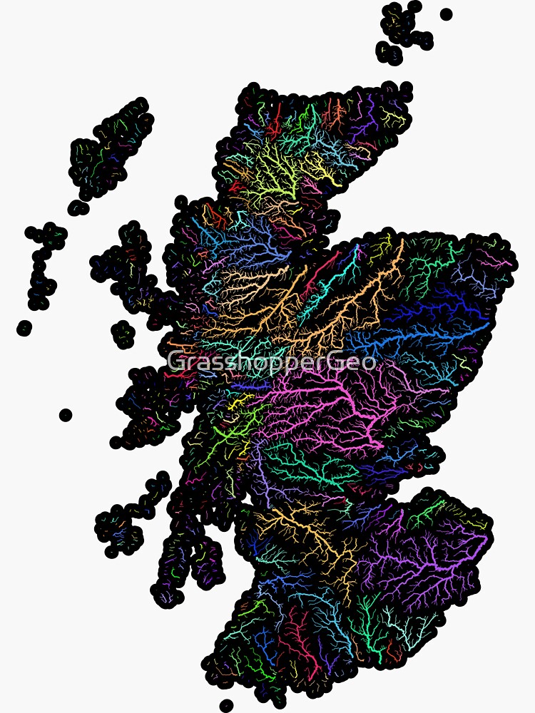 "Scotland River Basin Map in Rainbow Colours with Black Background ...
