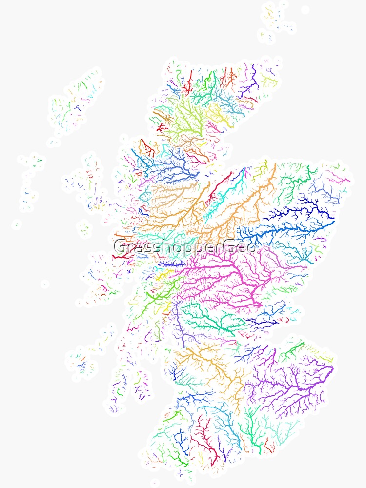 "Scotland River Basin Map in Rainbow Colours with White Background ...