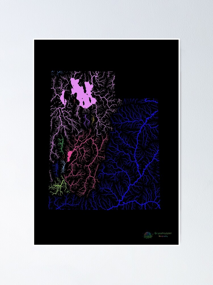 "Utah River Basin Map in Rainbow Colours with Black Background" Poster ...
