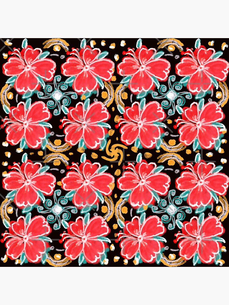 "Abstract traditional batik red hibiscus flower with green leaf in ...