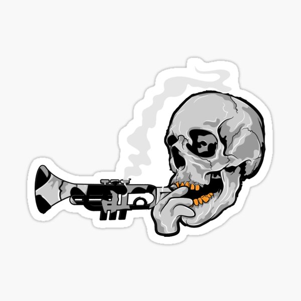 "addicted to trumpet artwort skull smoking trumpet design" Sticker for ...