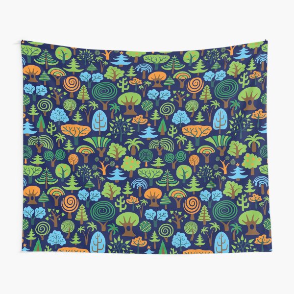 "Colorful Assorted Trees Cartoon Style-Blue Background" Tapestry for ...