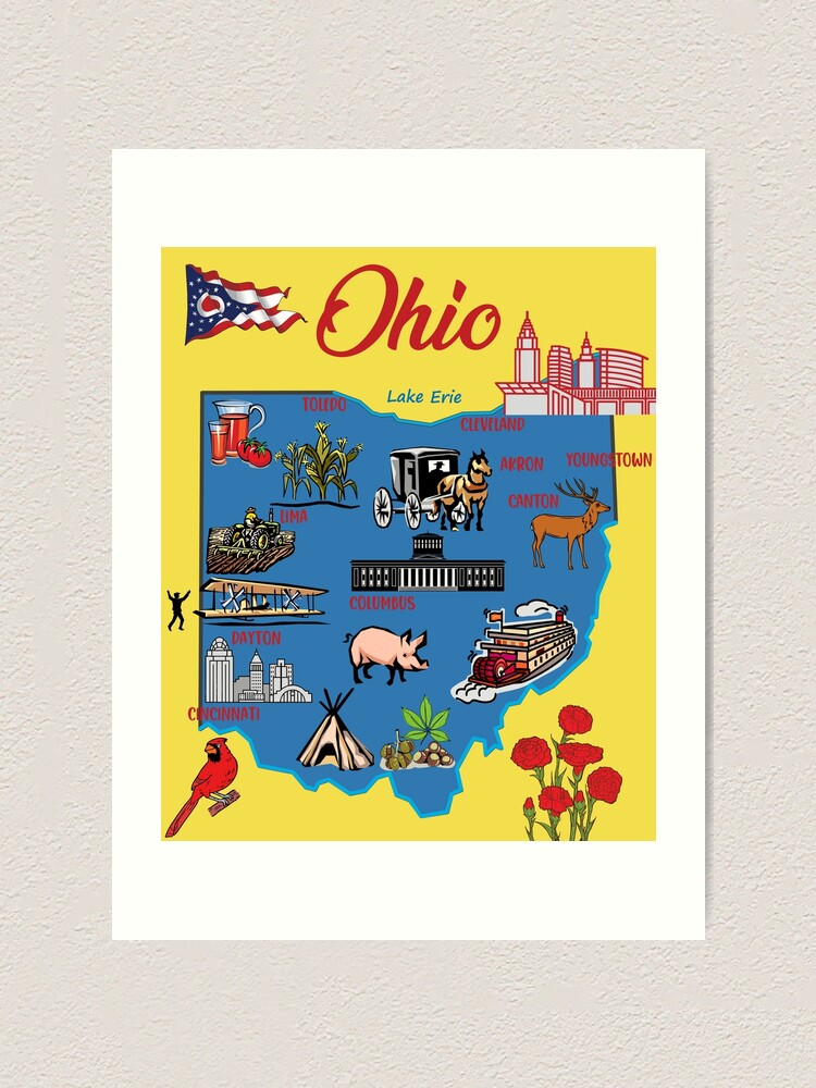 "Ohio map with major cities Tourist Destinations, Ohio state, USA, flag ...