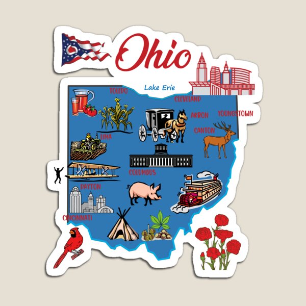 "Ohio map with major cities Tourist Destinations, Ohio state, USA, flag ...