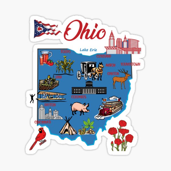 "Ohio map with major cities Tourist Destinations, Ohio state, USA, flag ...