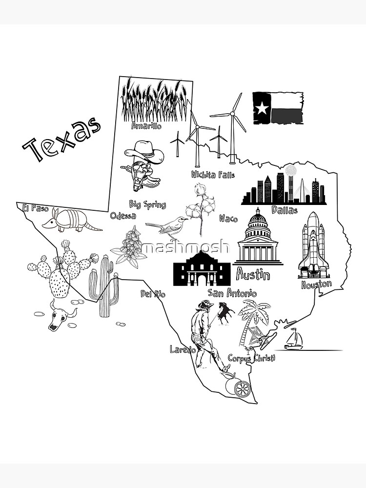 "Texas tourist map with landmarks and famous symbols,USA , United ...